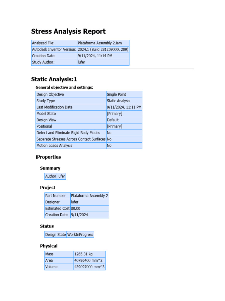 Plataforma Assembly 2.iam Stress Analysis Report Viga Doble T | PDF