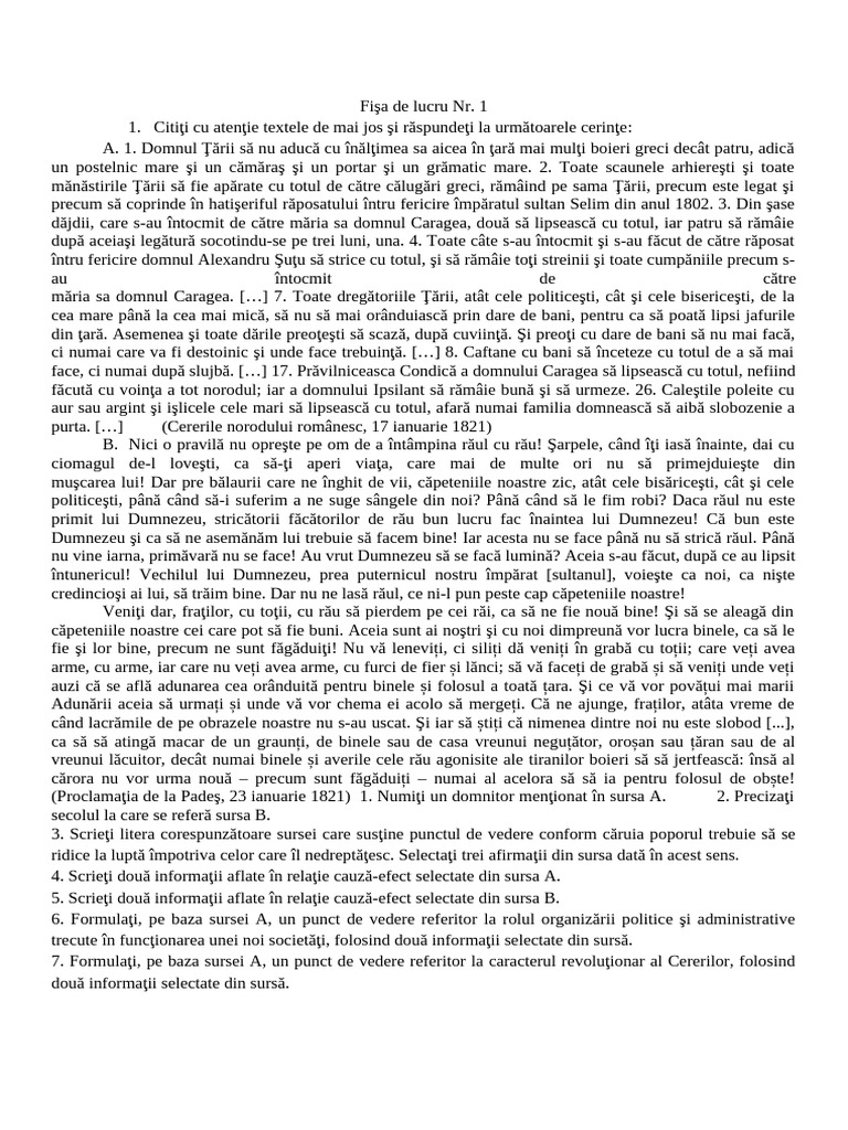 0 Fise de Lucru. Statul Roman Modern. Revolutia Lui Tudor Vladimirescu ...