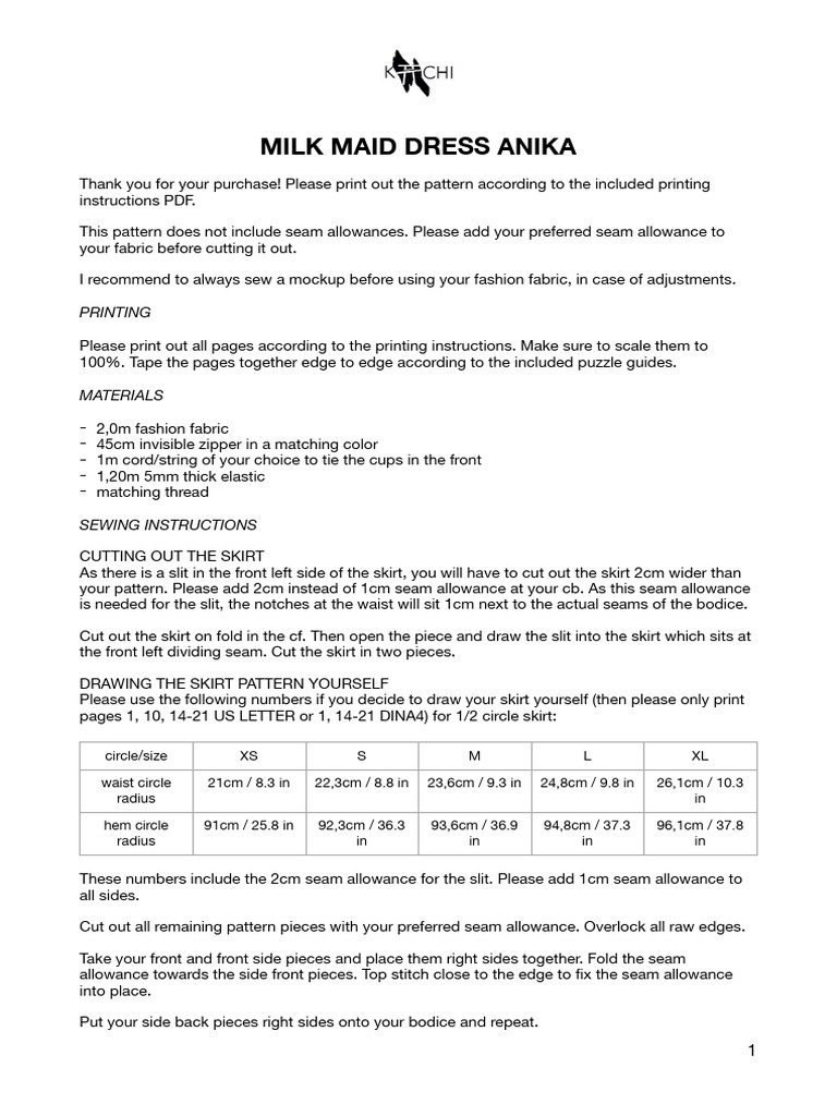 Milk Maid Dress Anika: Printing | PDF