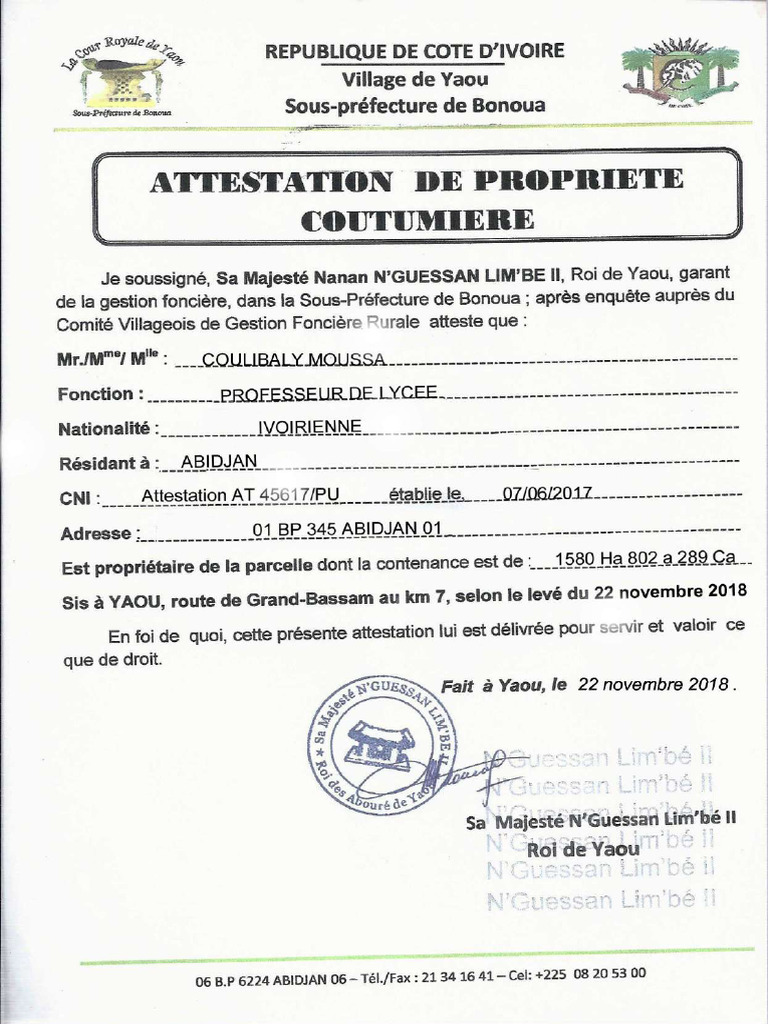 ATTESTATION DE PROPRIETE COUTUMIER (1) | PDF ATTESTATION DE PROPRIETE COUTUMIER (1) | PDF