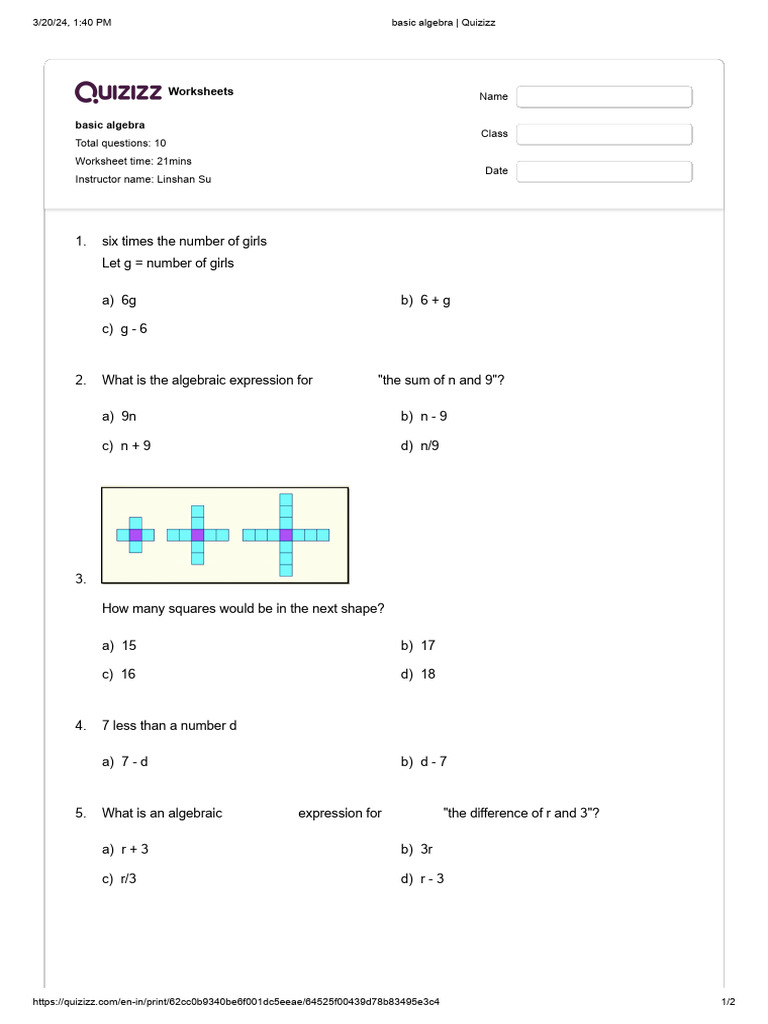 Quizizz - Basic Algebra | PDF