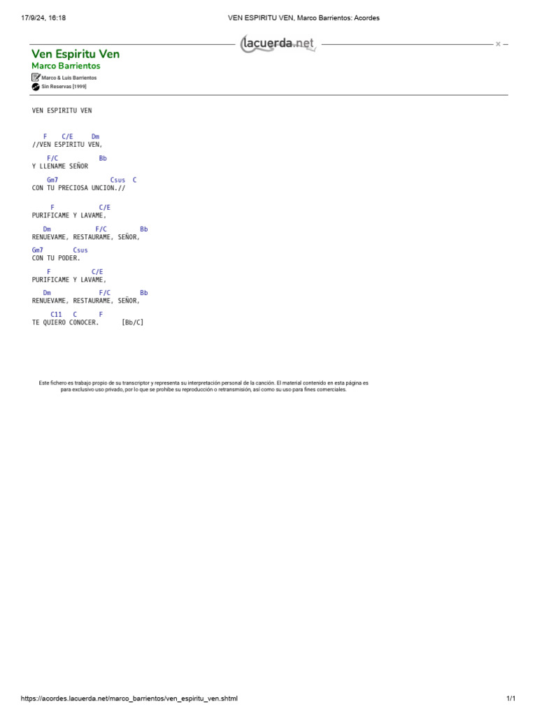 VEN ESPIRITU VEN, Marco Barrientos - Acordes | PDF