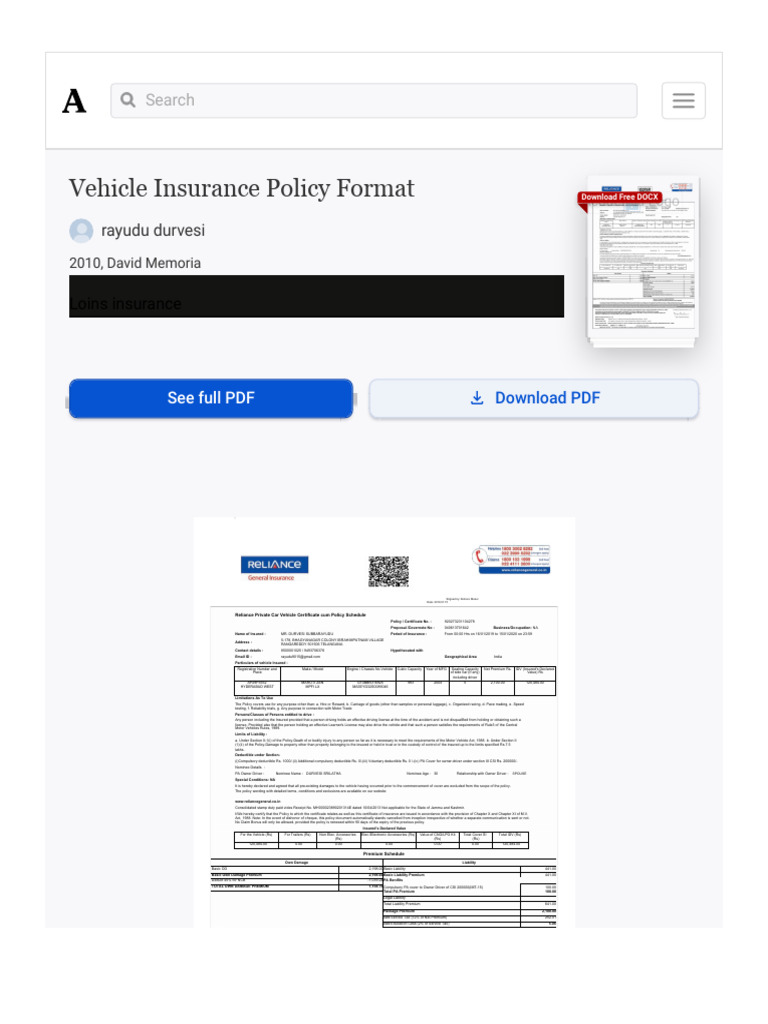 (DOC) Vehicle Insurance Policy Format | Rayudu Durvesi - Academia.edu | PDF