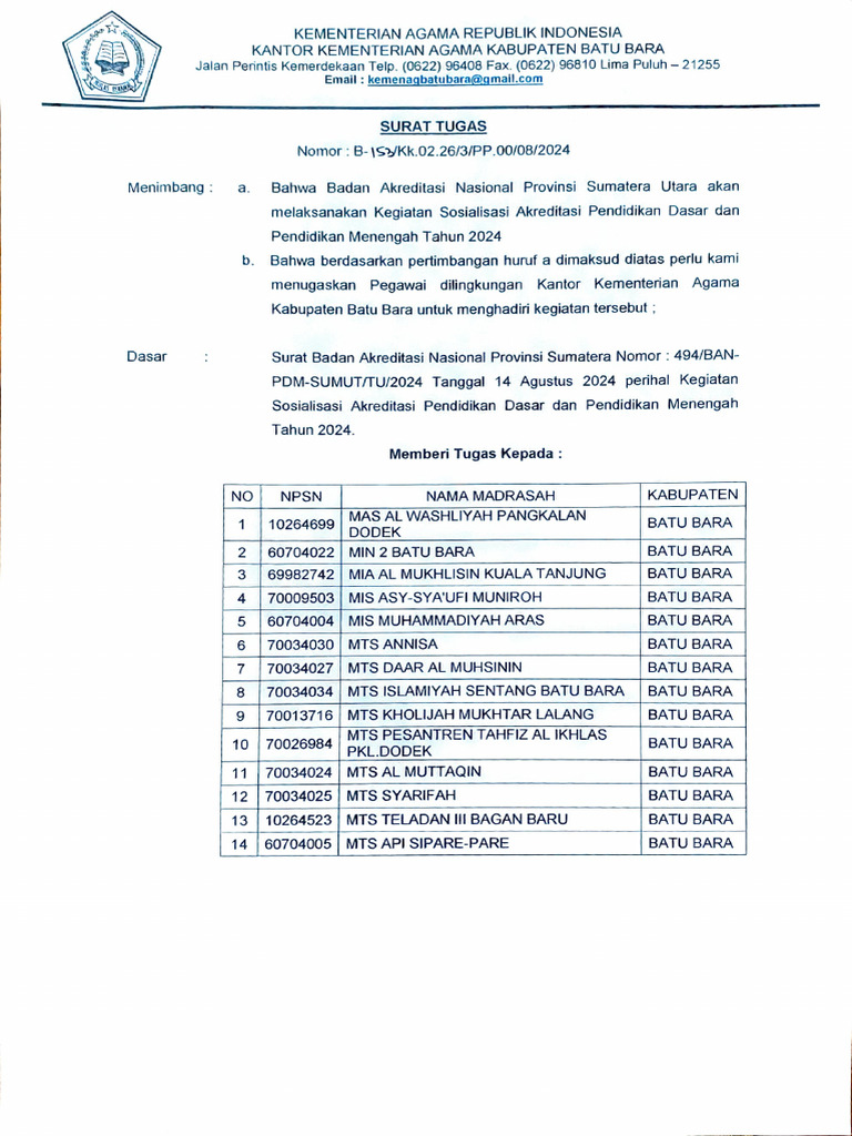 SRT Tgs Madrasah Peserta Sosialisasi Akre Ban PDM 2024 | PDF