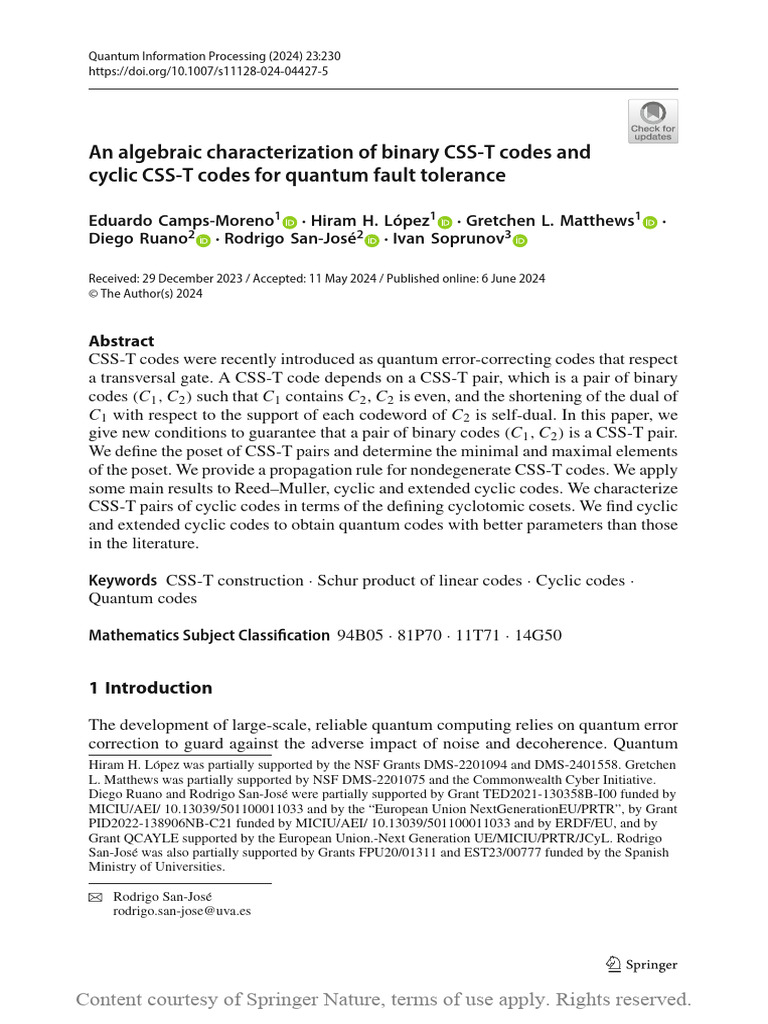 An Algebraic Characterization of Binary CSS-T Code | PDF