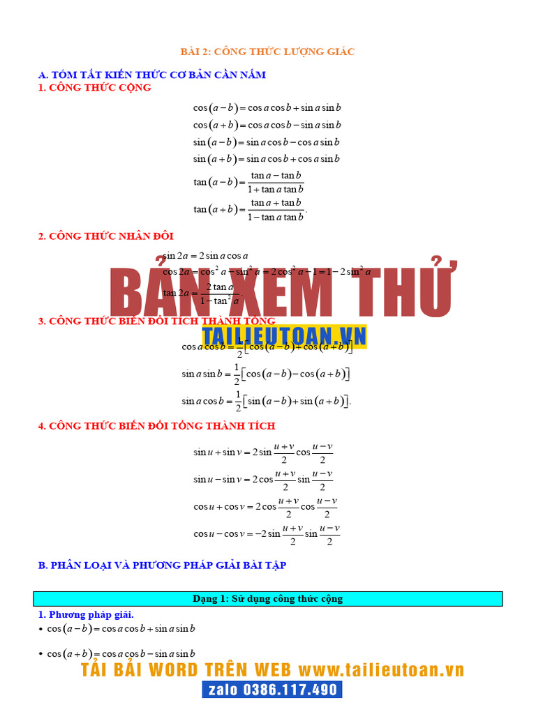 Bài 2 - Công thức lượng giác - KNTT - Lời giải | PDF