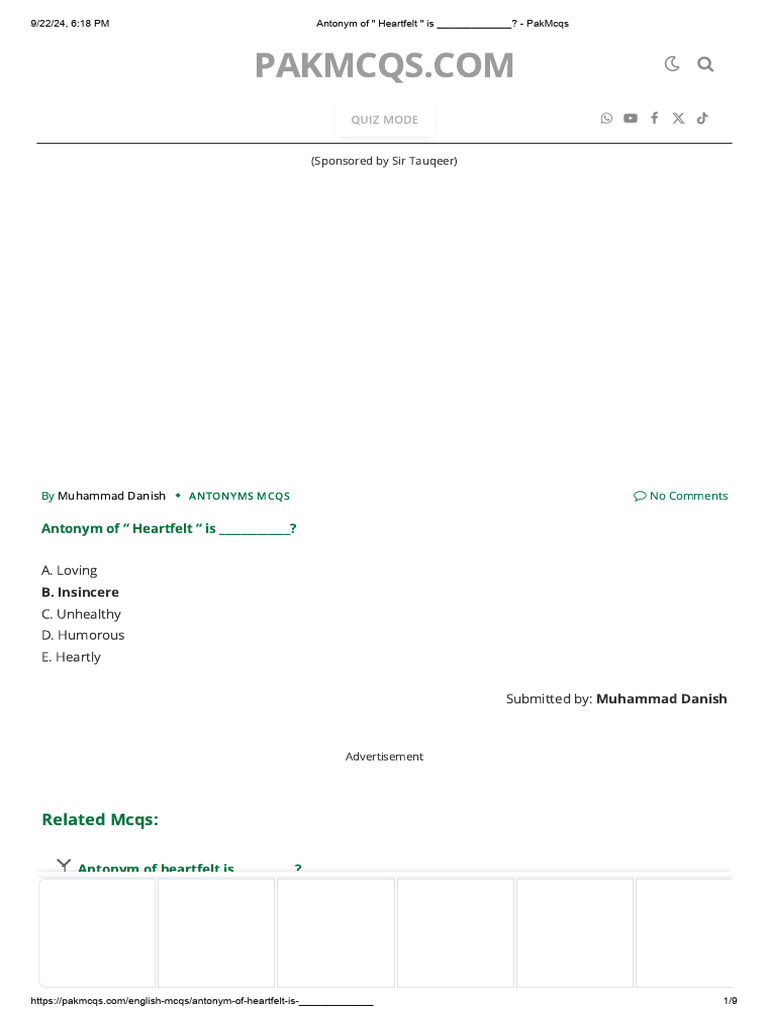 Antonym of - Heartfelt - Is - PakMcqs | PDF