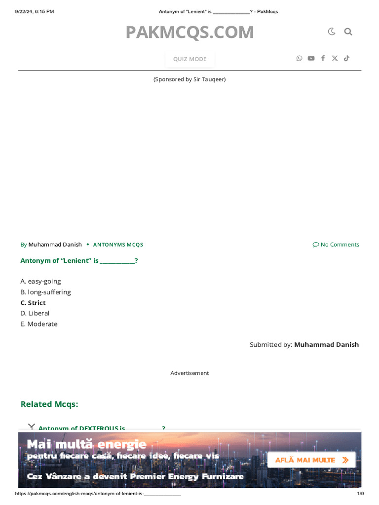 Antonym of - Lenient - Is - PakMcqs | PDF