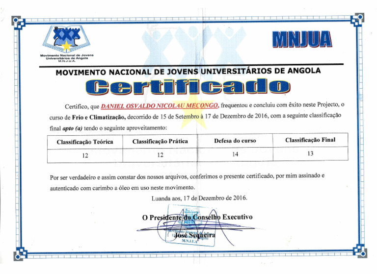 Certificado Daniel Osvaldo Mekongo - 104252 | PDF