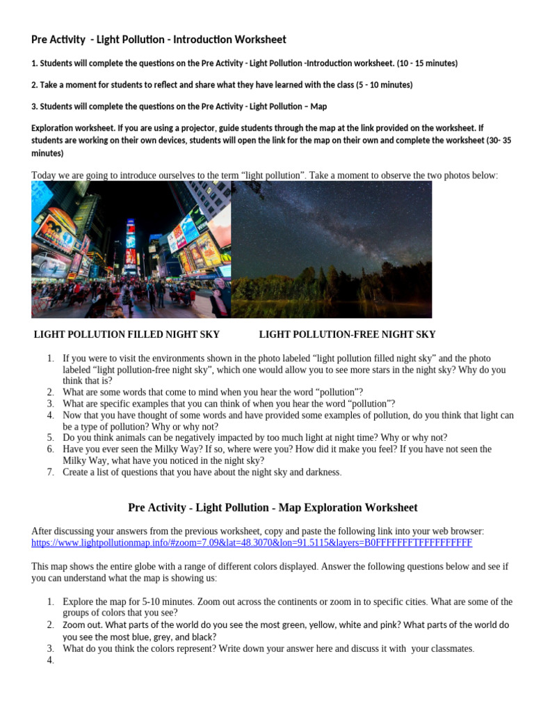 Light Pollution Worksheet | PDF