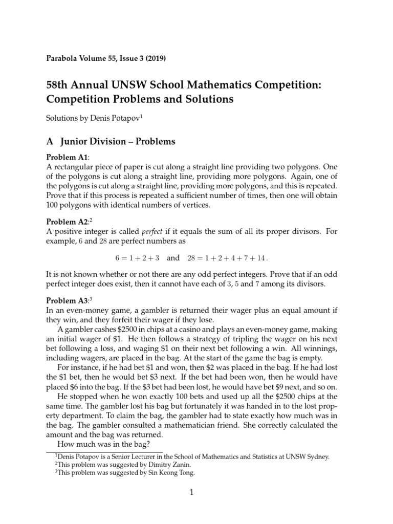 2019 UNSW School Mathematics Competition Problems Answers | PDF