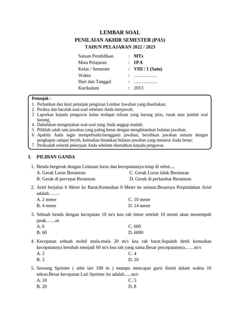 Lembar Soal Ipa Kelas 8 Pas Ganjil | PDF