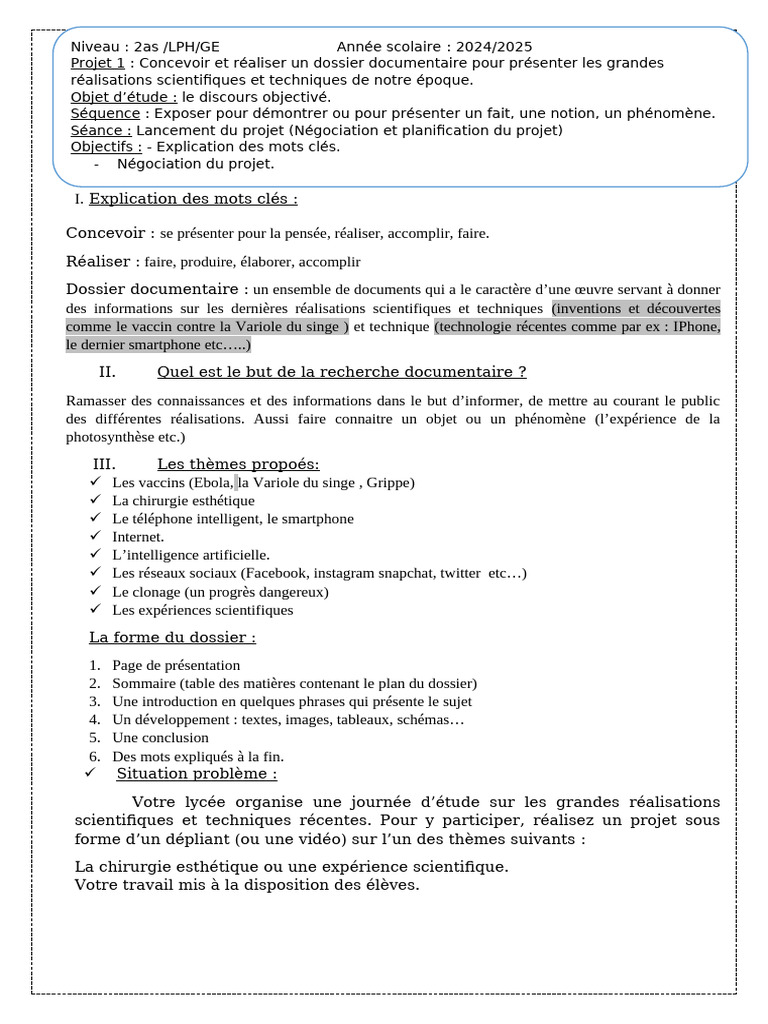 Lancement Du Projet 1 2as | PDF