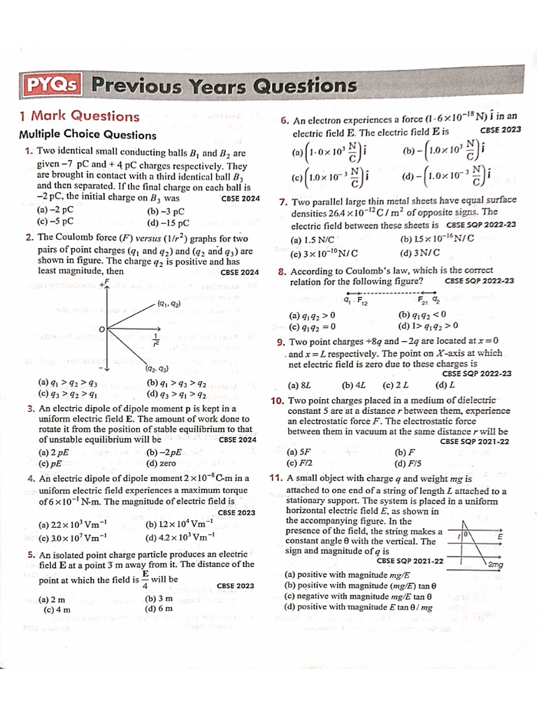Electrostatic Pyq Cbse Boards PDF | PDF