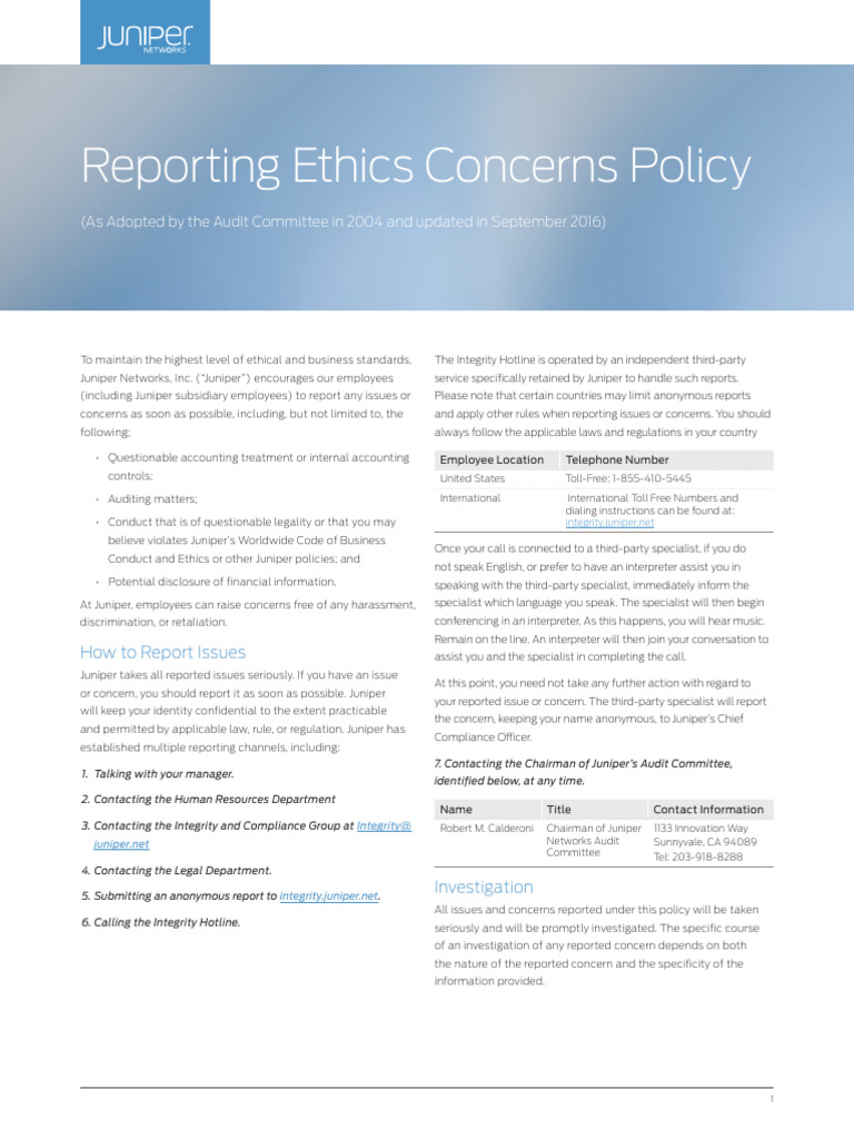 JN REPORTING ETHICS AND CONCERNS POLICY Reporting Ethics and Concerns ...
