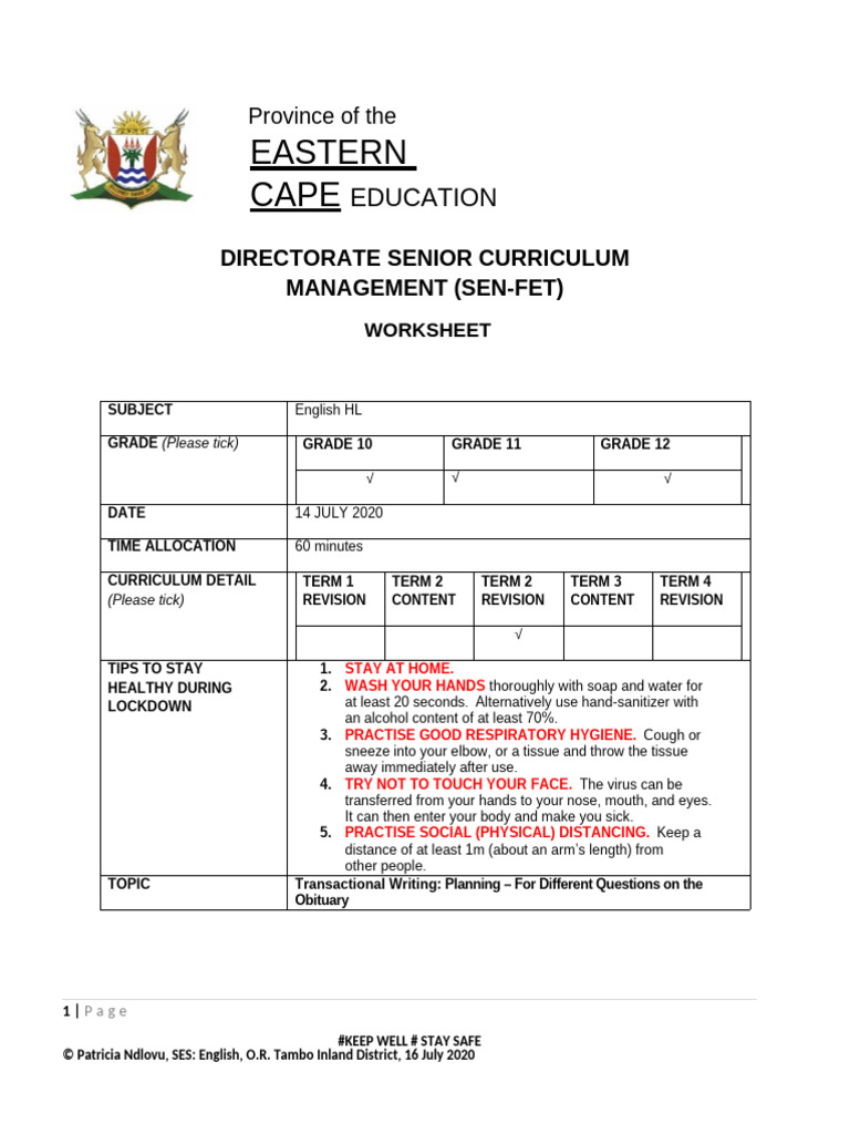 5 English HL Grade 10-12 Transactional Writing Planning | PDF