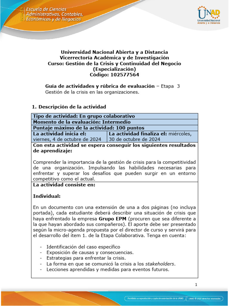Guía de actividades y rúbrica de evaluación - Unidad 2 - Etapa 3 - Gestionar la crisis en las ...