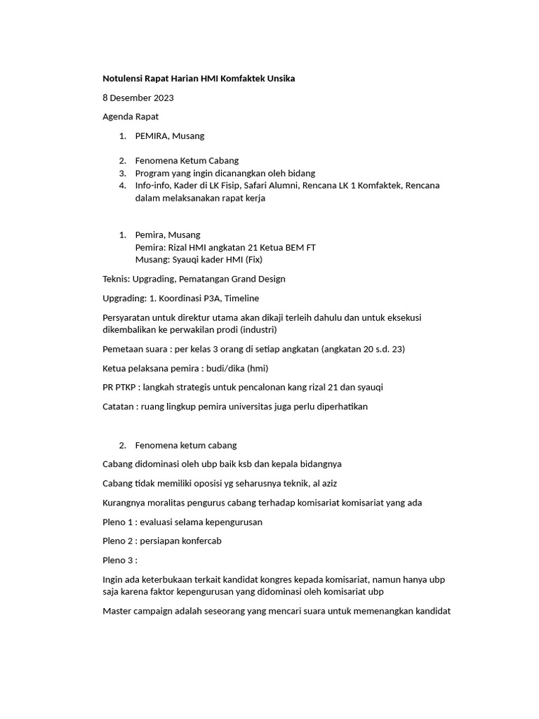 Notulensi Rapat Harian HMI Komfaktek Unsika | PDF