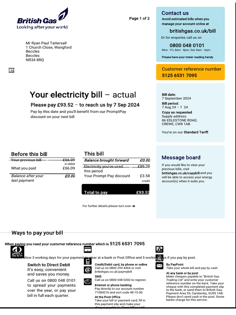 Your Electricity Bill - Actual: Britishgas - Co.uk/bill 0800 048 0101 | PDF