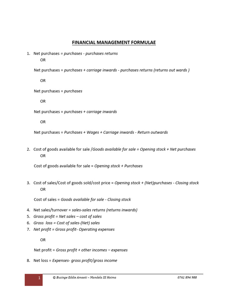 Financial Management Formulae 2024 | PDF