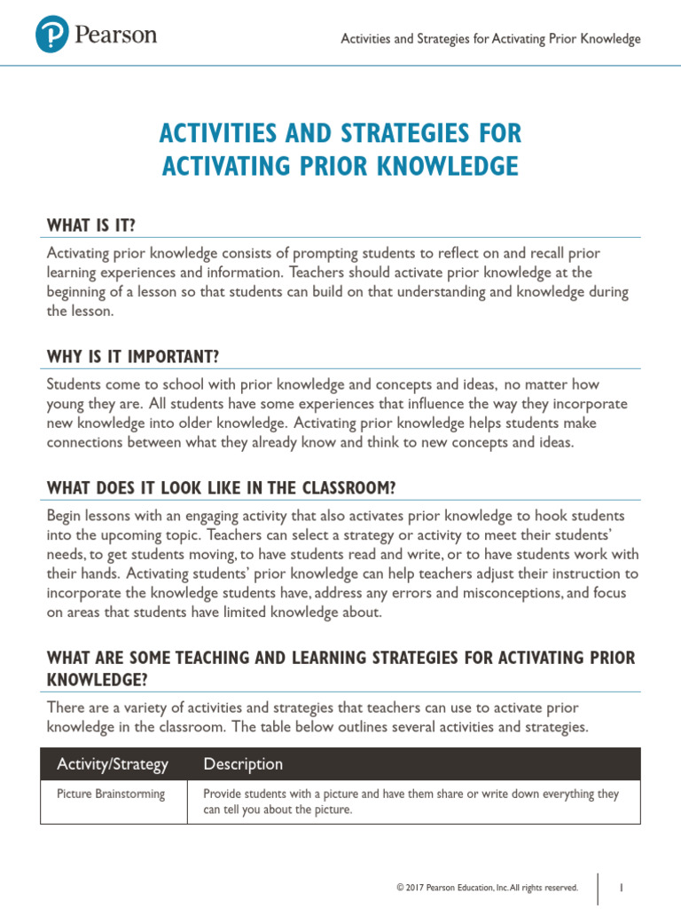 ActivatingPriorKnowledge ActivitiesStrategiesAP | PDF | Behavior ...