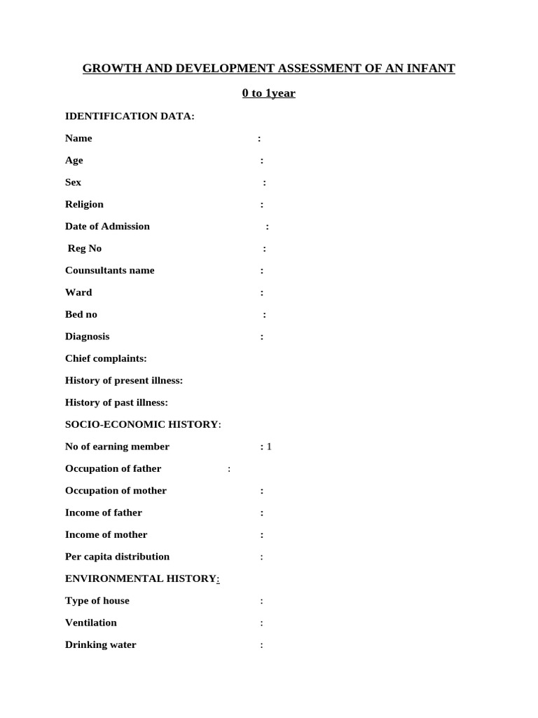 GROWTH AND DEVELOPMENT ASSESSMENT OF AN INFANT (Format) | PDF ...