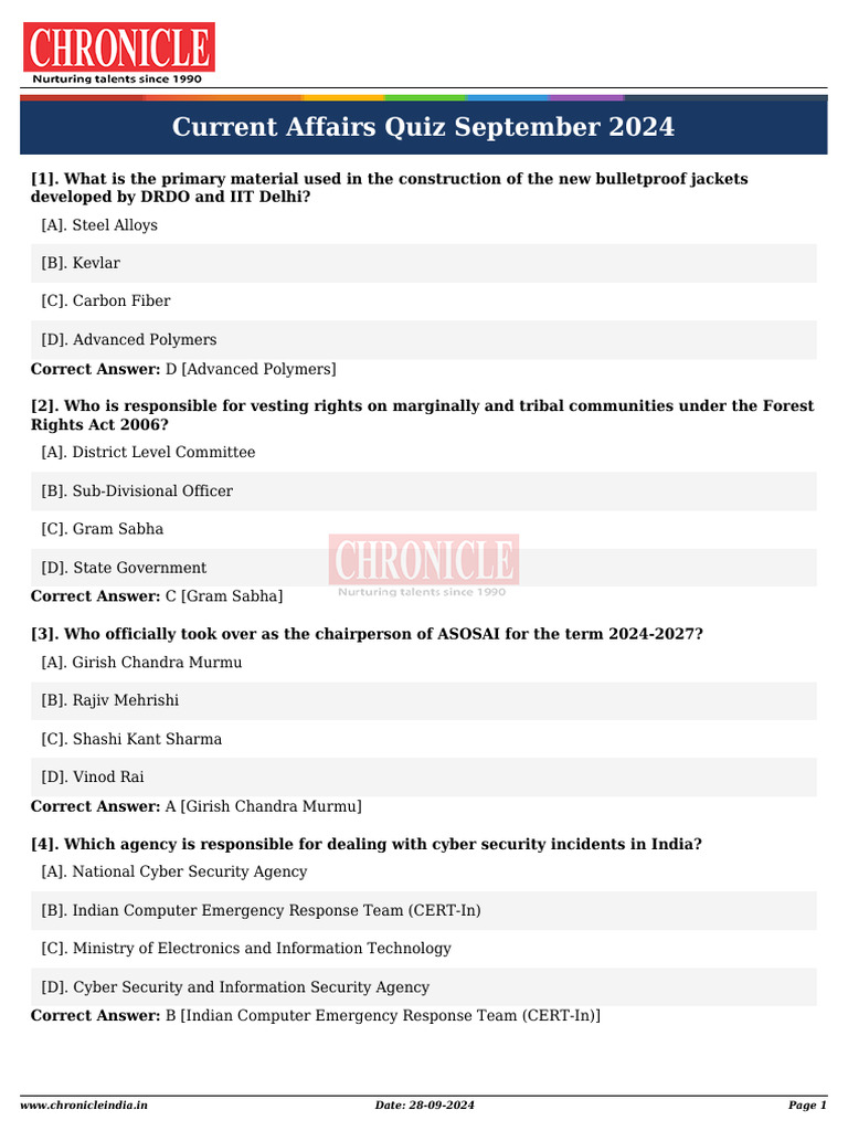Current Affairs Quiz September 2024 | PDF