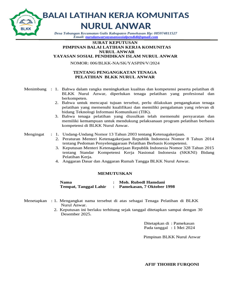 Pengangkatan Tenaga Pelatihan BLKK 2024 | PDF