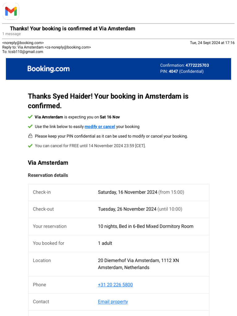 Gmail - ? Thanks! Your Booking Is Confirmed at Via Amsterdam | PDF