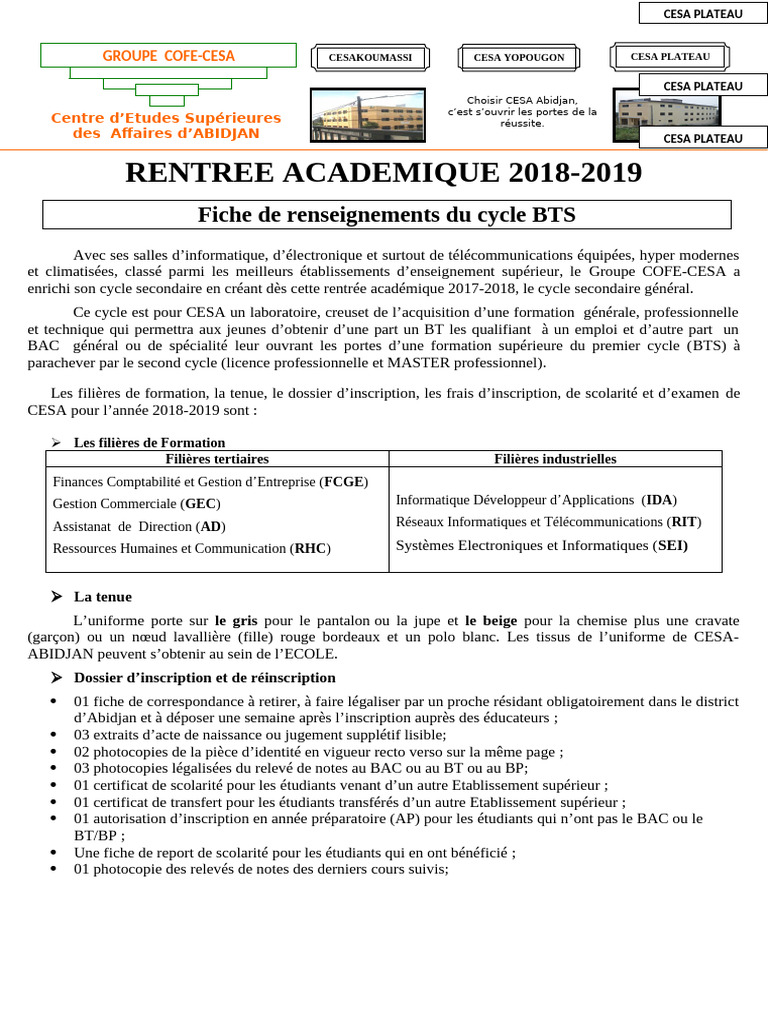 Fiche de Renseignements Du Cycle BTS 2019 | PDF