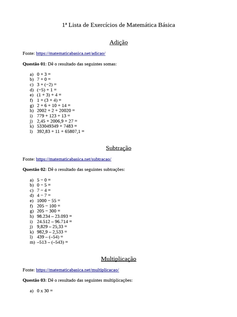 1 Lista de Exercícios de Matemática Básica | PDF