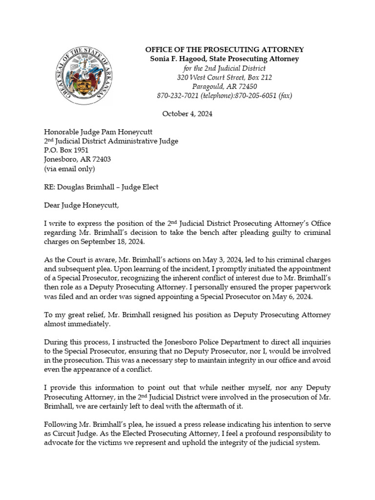 Prosecuting Attorney Sonia Hagood's Letter Concerning Doug Brimhall ...