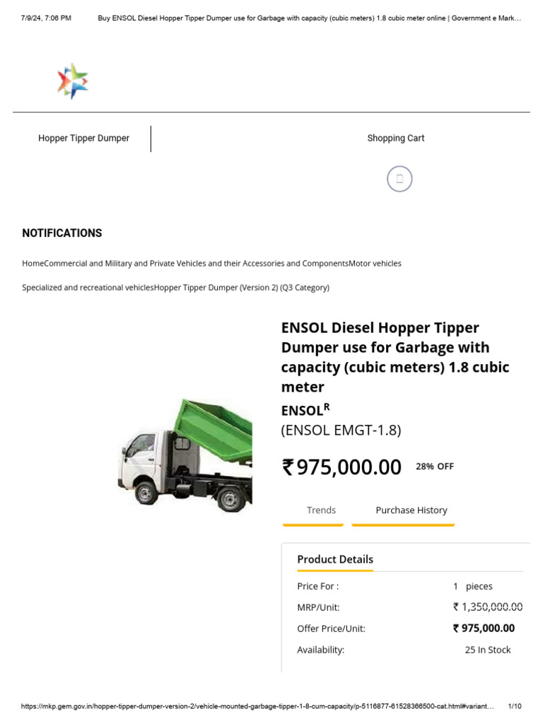 Buy ENSOL Diesel Hopper Tipper Dumper Use For Garbage With Capacity ...