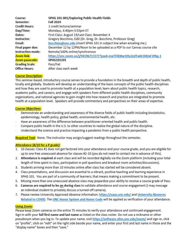 SPHG 101 Fall 2024 Syllabus 08142024gpb | PDF