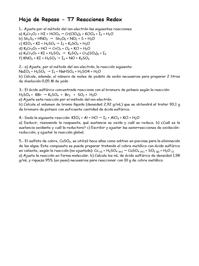Hoja de Repaso - T7 Reacciones Redox | PDF