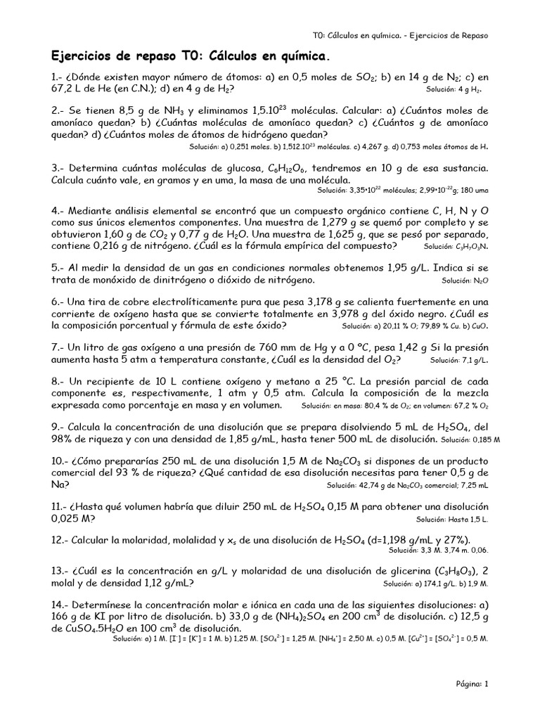 T0 Cálculos en Química - Problemas Repaso | PDF