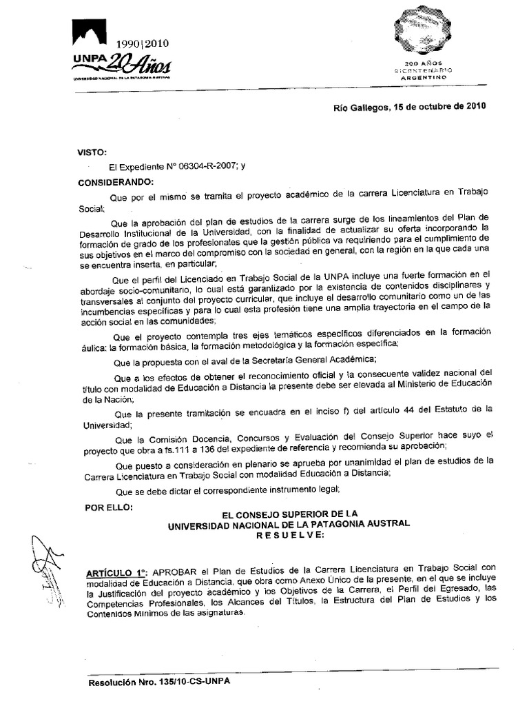 LIcenciatura en Trabajo Social (074) - REs Nro 135-10-CS - Modalidad A ...