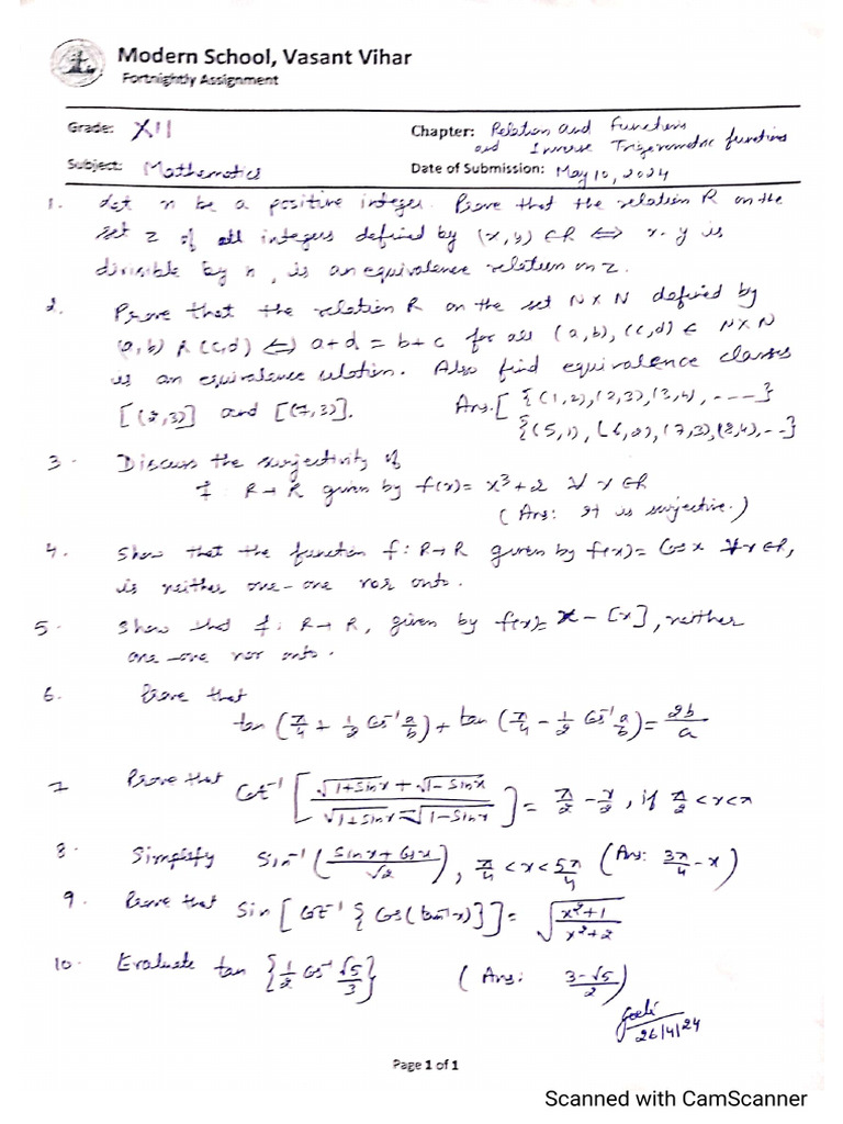 Mathematics Assignment for Grade XII 29.04.2024 | PDF