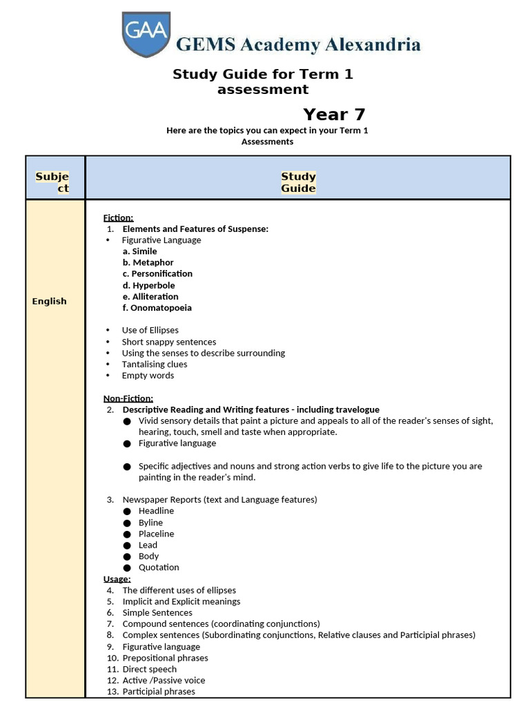 Year 7 - Term 1 - Study Guide | PDF