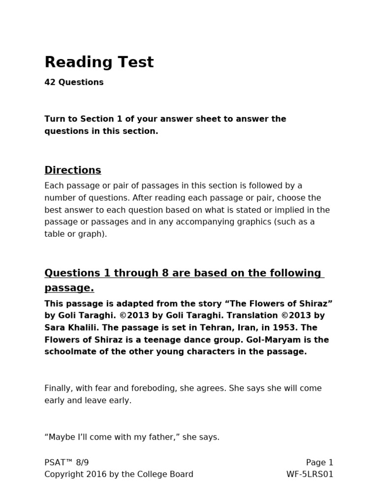 Psat 8 9 Practice Test 1 Sec 1 Reading at | PDF