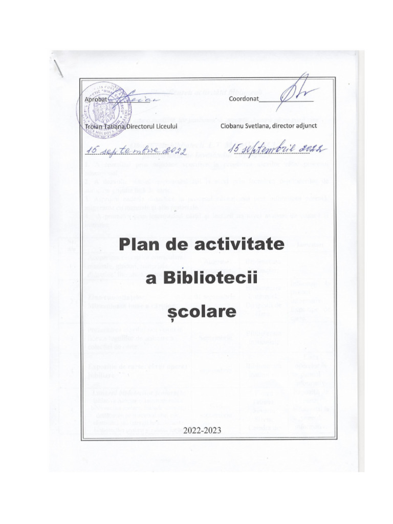 Plan de Activitate A Bibliotecii A - S - .2022 2023 | PDF