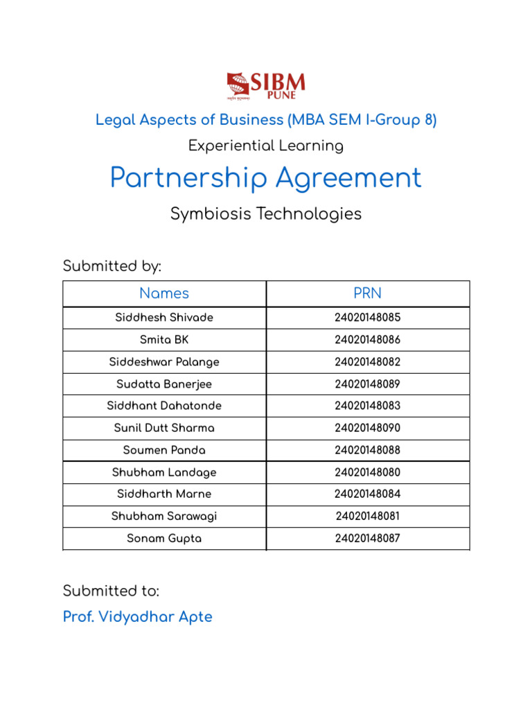Symbiosis Technologies Partnership Agreement | PDF | Partnership | Business