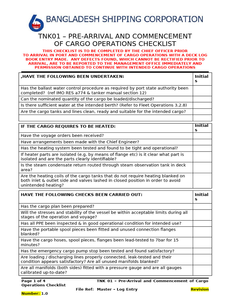 TNK 01 - PreArrival and Cargo Ops Checklist | PDF TNK 01 - PreArrival and Cargo Ops Checklist | PDF