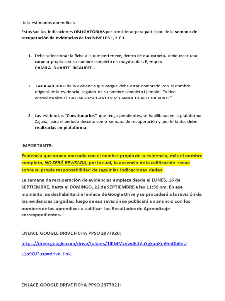 Indicaciones Recovery Week Niveles 1,2 3 Ppso | PDF