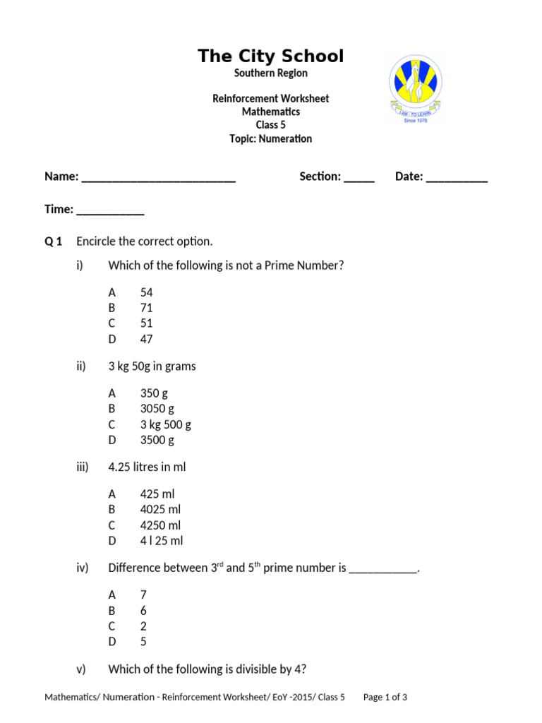 Class 5 Reinforcement Worksheet Numeration 1 | PDF
