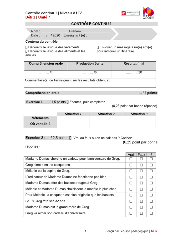 CONTROLE 1 - A1.IV Défi 1-Unité 7 | PDF