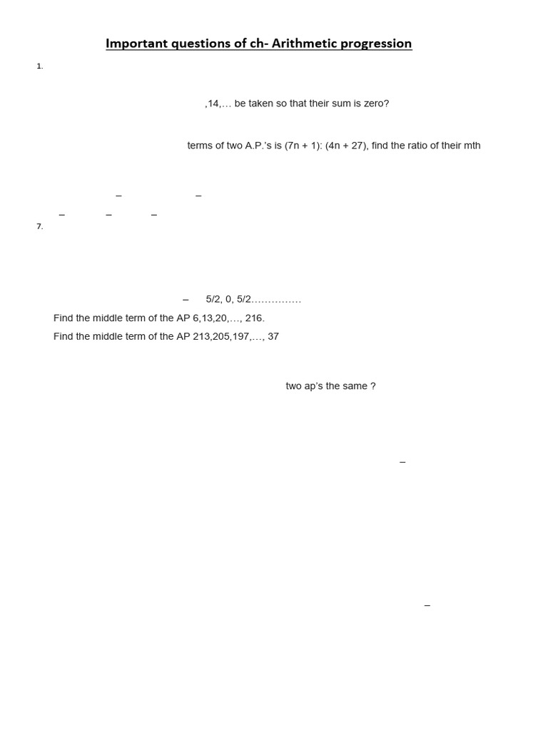 Important Questions on Arithmetic Progression | PDF | Mathematics ...