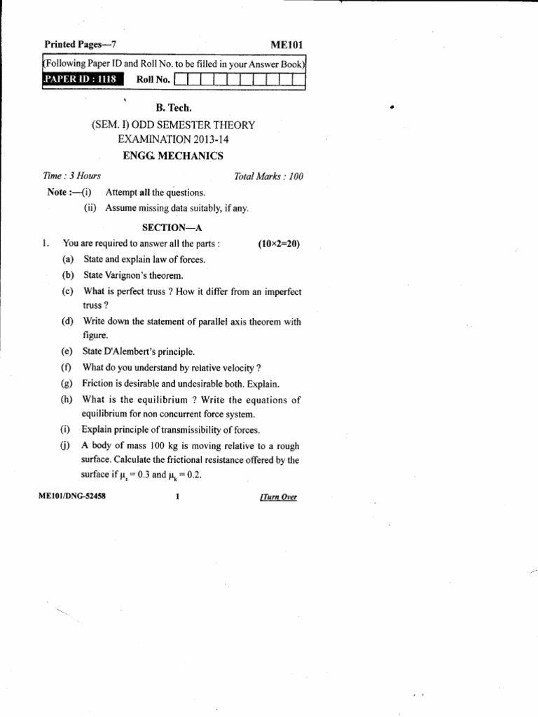 Btech 1 Sem Engineering Mechanics Me101 2014 | PDF | Science & Mathematics