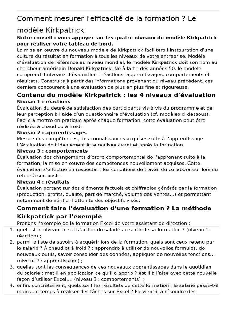 Comment Mesurer l'Efficacité de La Formation Le Modèle Kirkpatrick | PDF