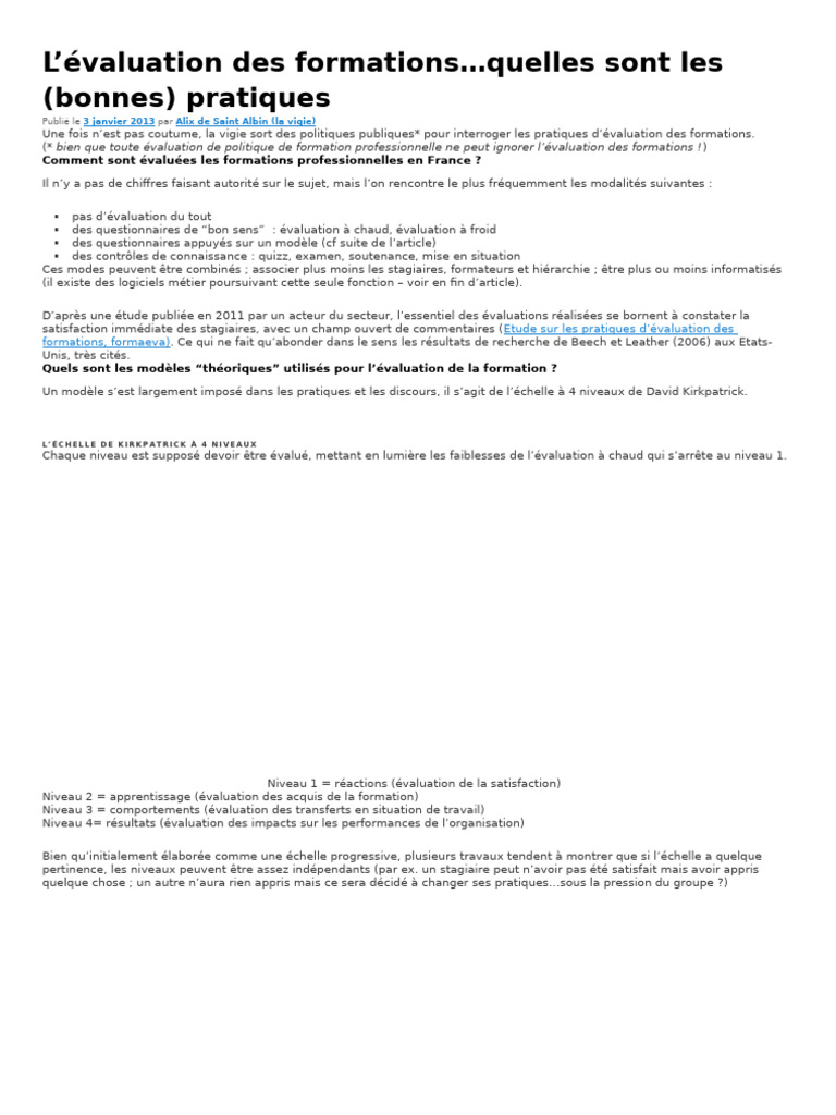 L'Évaluation Des Formations Quelles Sont Les (Bonnes) Pratiques | PDF